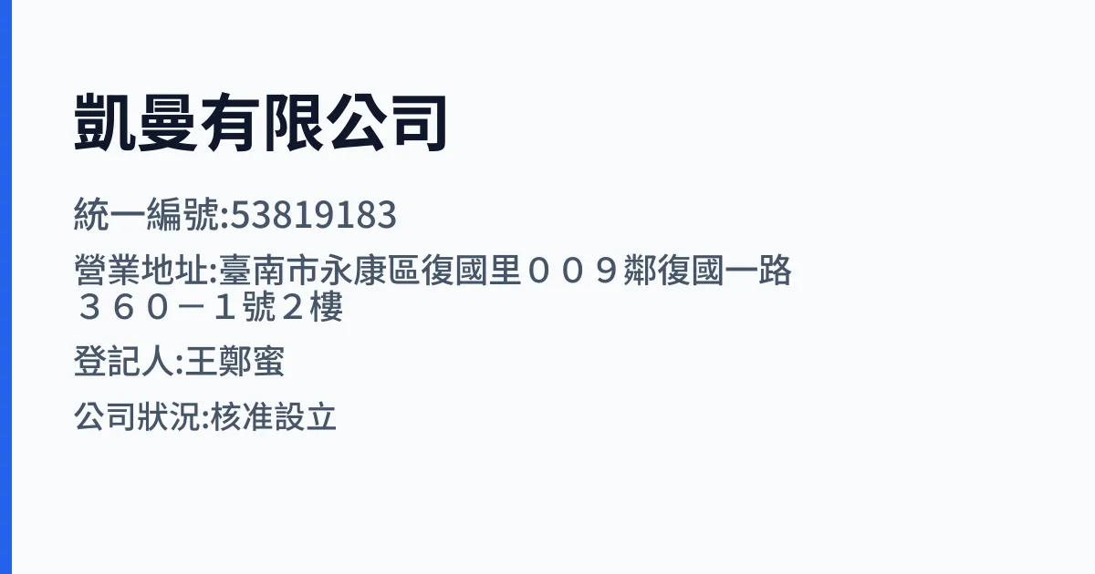凱曼有限公司 - 統編 53819183(臺南市) 公司登記資料與營業項目詳細圖表