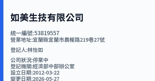 如美生技有限公司的照片-統編 53819557(宜蘭縣) 公司登記資料與營業項目詳細圖表
