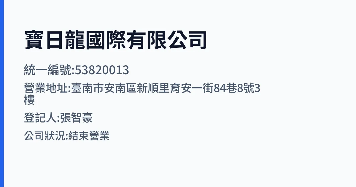 寶日龍國際有限公司 - 統編 53820013(臺南市) 公司登記資料與營業項目詳細圖表