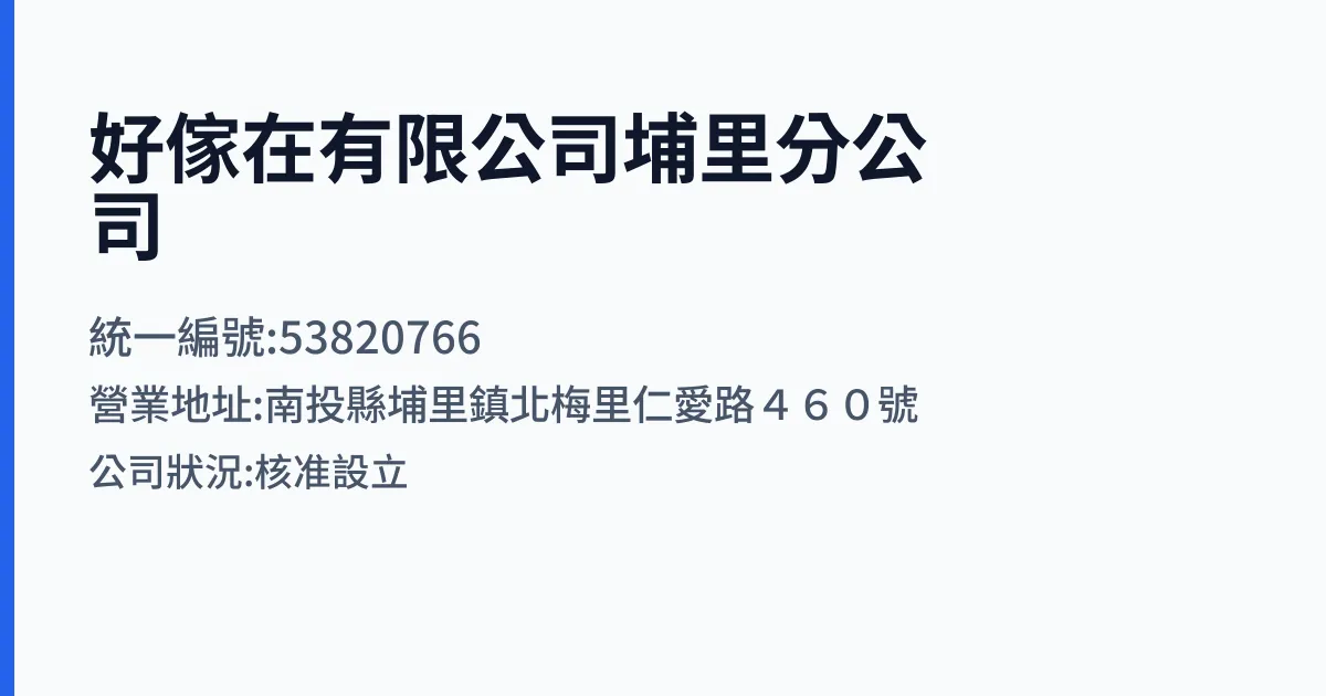 好傢在有限公司埔里分公司 - 統編 53820766(南投縣) 公司登記資料與營業項目詳細圖表