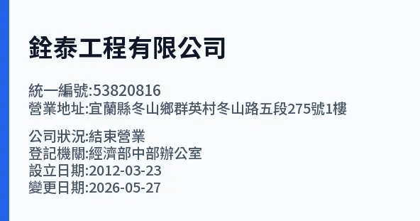 銓泰工程有限公司的照片-統編 53820816(宜蘭縣) 公司登記資料與營業項目詳細圖表