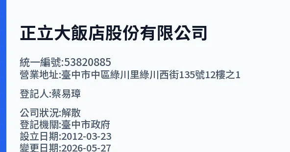 正立大飯店股份有限公司的照片-統編 53820885(臺中市) 公司登記資料與營業項目詳細圖表