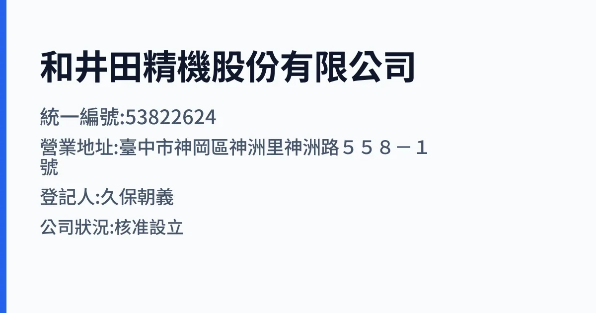 和井田精機股份有限公司 - 統編 53822624(臺中市) 公司登記資料與營業項目詳細圖表