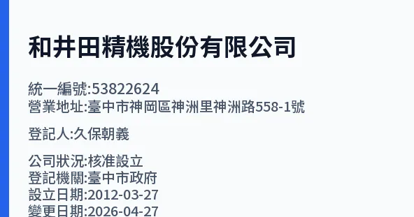 和井田精機股份有限公司的照片-統編 53822624(臺中市) 公司登記資料與營業項目詳細圖表