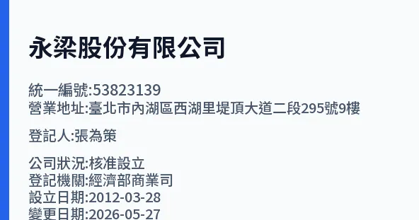 永梁股份有限公司的照片-統編 53823139(臺北市) 公司登記資料與營業項目詳細圖表