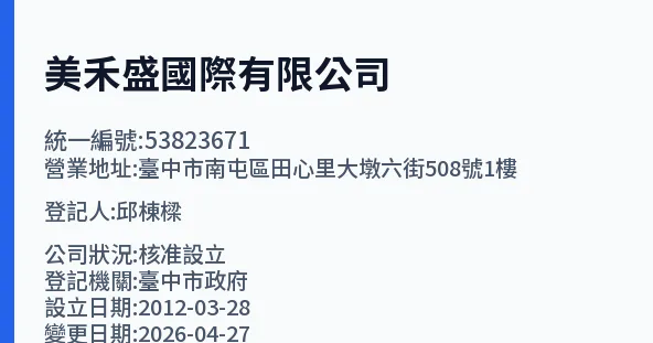 美禾盛國際有限公司的照片-統編 53823671(臺中市) 公司登記資料與營業項目詳細圖表