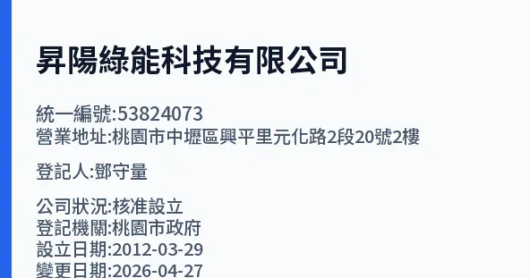 昇陽綠能科技有限公司的照片-統編 53824073(桃園市) 公司登記資料與營業項目詳細圖表