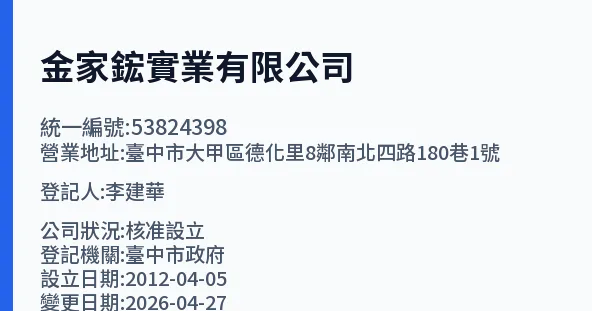 金家鋐實業有限公司的照片-統編 53824398(臺中市) 公司登記資料與營業項目詳細圖表