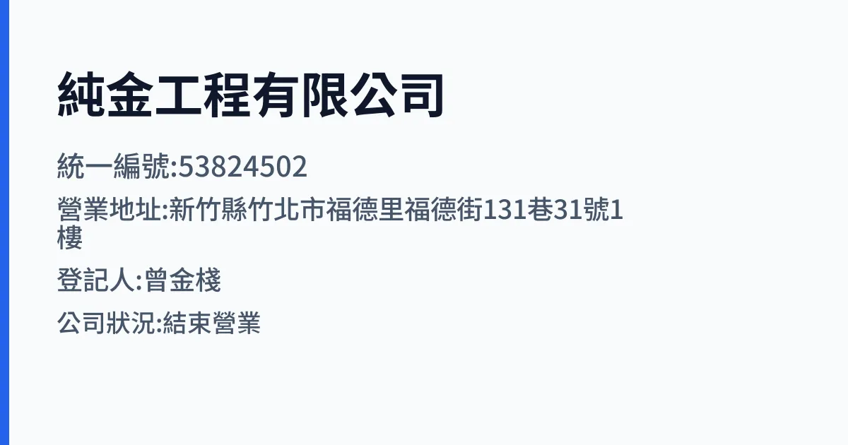 純金工程有限公司 - 統編 53824502(新竹縣) 公司登記資料與營業項目詳細圖表