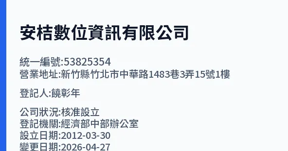 安桔數位資訊有限公司的照片-統編 53825354(新竹縣) 公司登記資料與營業項目詳細圖表
