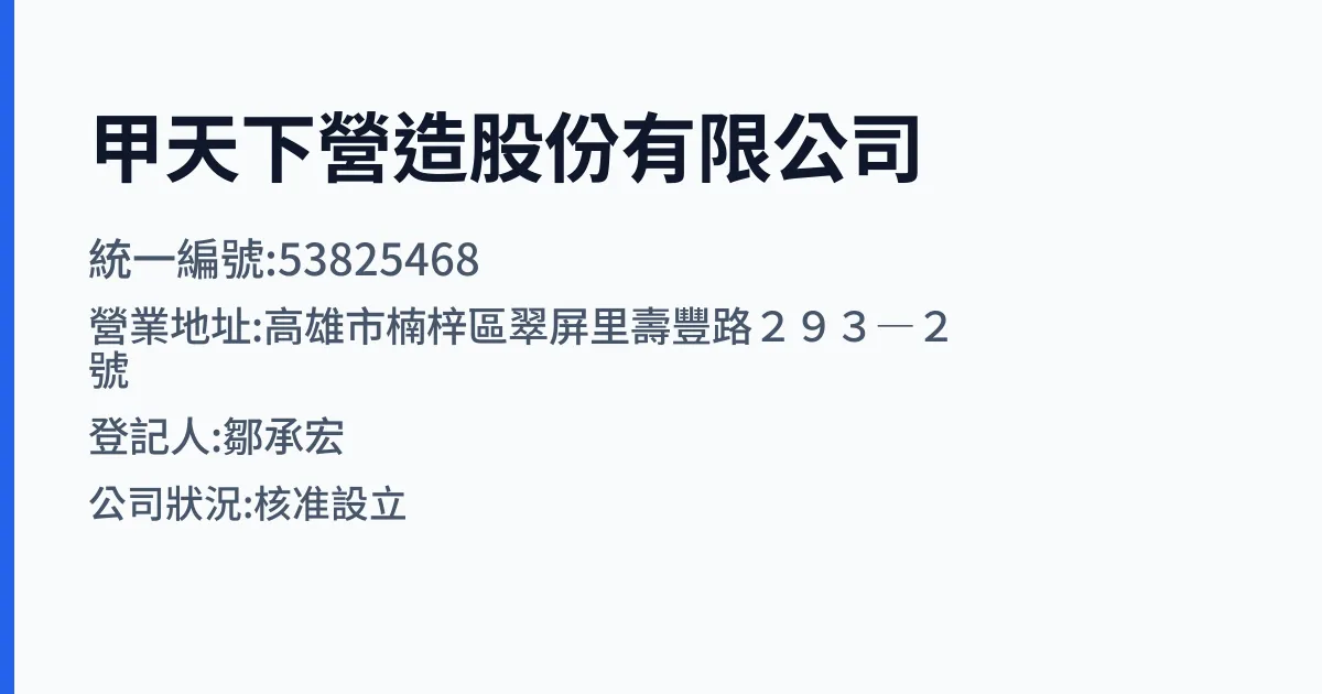 甲天下營造股份有限公司 - 統編 53825468(高雄市) 公司登記資料與營業項目詳細圖表