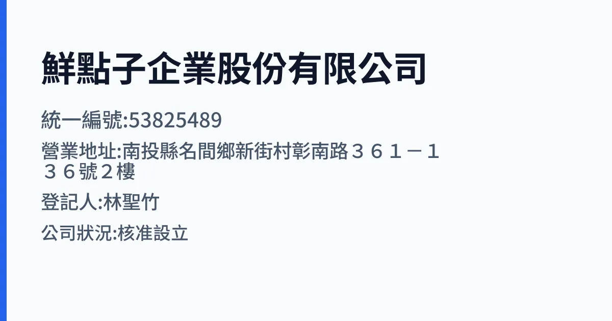 鮮點子企業股份有限公司 - 統編 53825489(南投縣) 公司登記資料與營業項目詳細圖表