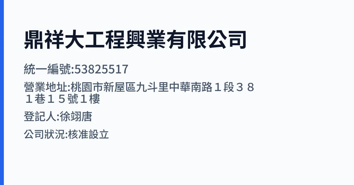 鼎祥大工程興業有限公司 - 統編 53825517(桃園市) 公司登記資料與營業項目詳細圖表