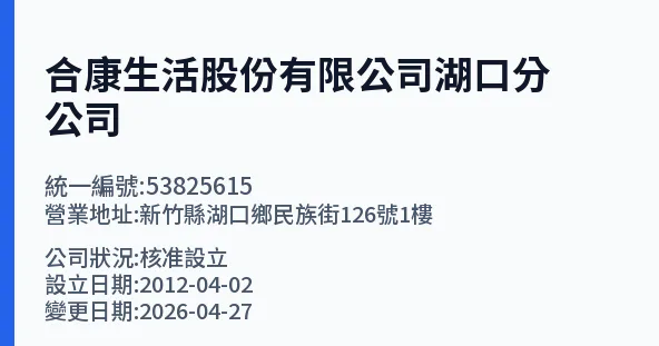 合康生活股份有限公司湖口分公司的照片-統編 53825615(新竹縣) 公司登記資料與營業項目詳細圖表