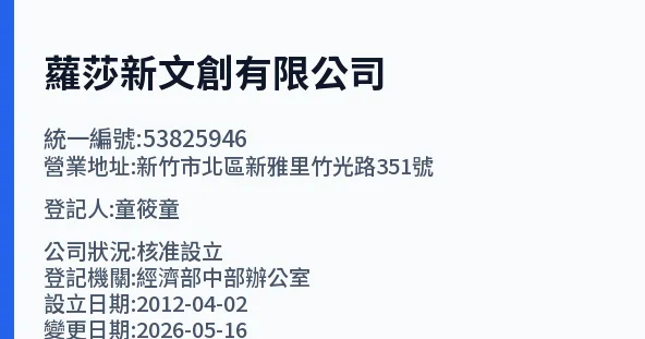 蘿莎新文創有限公司的照片-統編 53825946(新竹市) 公司登記資料與營業項目詳細圖表