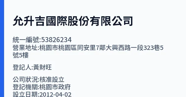 允升吉國際股份有限公司的照片-統編 53826234(桃園市) 公司登記資料與營業項目詳細圖表