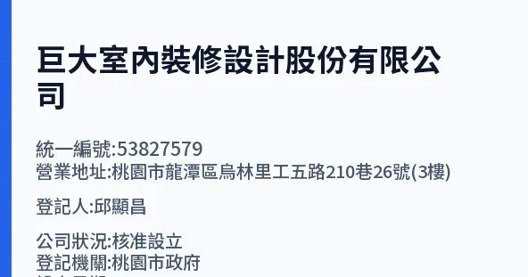 巨大室內裝修設計股份有限公司的照片-統編 53827579(桃園市) 公司登記資料與營業項目詳細圖表