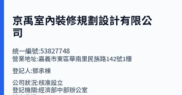 京禹室內裝修規劃設計有限公司的照片-統編 53827748(嘉義市) 公司登記資料與營業項目詳細圖表