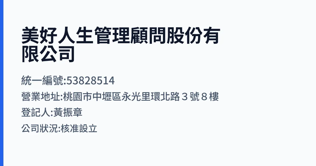 美好人生管理顧問股份有限公司 - 統編 53828514(桃園市) 公司登記資料與營業項目詳細圖表