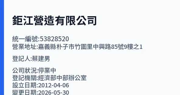 鉅江營造有限公司的照片-統編 53828520(嘉義縣) 公司登記資料與營業項目詳細圖表