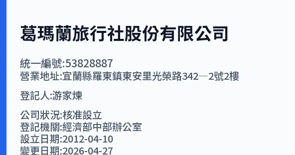 葛瑪蘭旅行社股份有限公司的照片-統編 53828887(宜蘭縣) 公司登記資料與營業項目詳細圖表