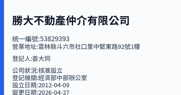 勝大不動產仲介有限公司的照片-統編 53829393(雲林縣) 公司登記資料與營業項目詳細圖表