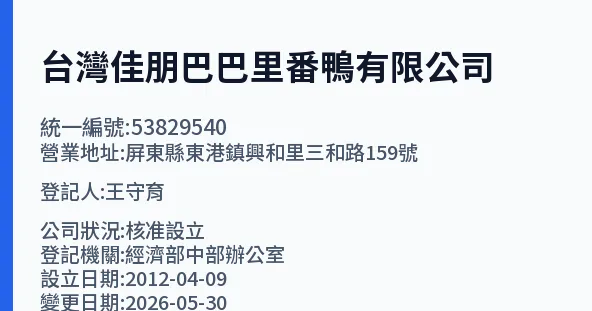 台灣佳朋巴巴里番鴨有限公司的照片-統編 53829540(屏東縣) 公司登記資料與營業項目詳細圖表