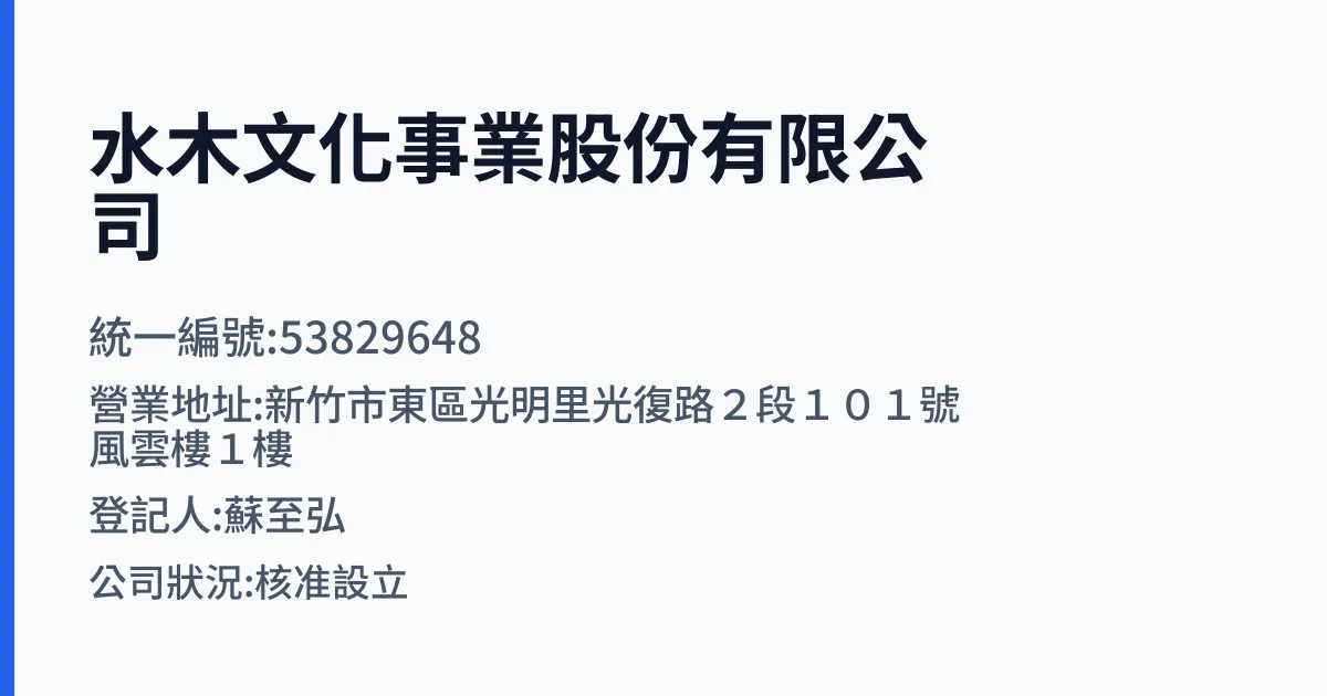 水木文化事業股份有限公司 - 統編 53829648(新竹市) 公司登記資料與營業項目詳細圖表