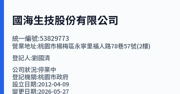 國海生技股份有限公司的照片-統編 53829773(桃園市) 公司登記資料與營業項目詳細圖表