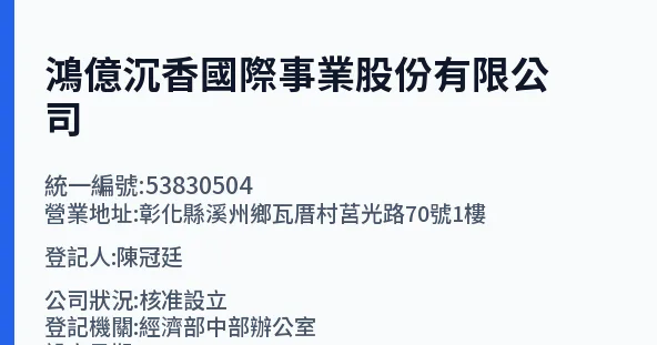 鴻億沉香國際事業股份有限公司的照片-統編 53830504(彰化縣) 公司登記資料與營業項目詳細圖表