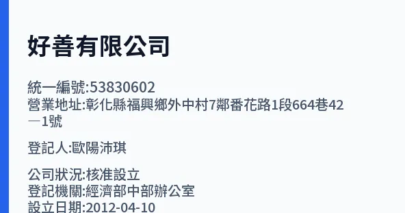 好善有限公司的照片-統編 53830602(彰化縣) 公司登記資料與營業項目詳細圖表