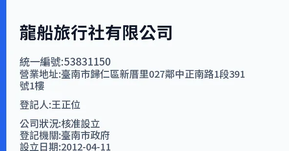 龍船旅行社有限公司的照片-統編 53831150(臺南市) 公司登記資料與營業項目詳細圖表