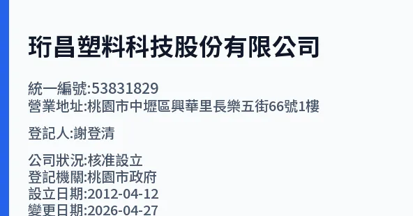 珩昌塑料科技股份有限公司的照片-統編 53831829(桃園市) 公司登記資料與營業項目詳細圖表