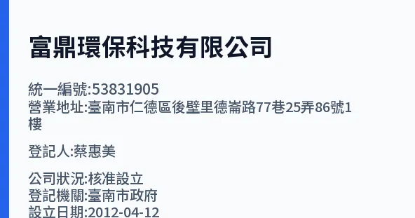 富鼎環保科技有限公司的照片-統編 53831905(臺南市) 公司登記資料與營業項目詳細圖表