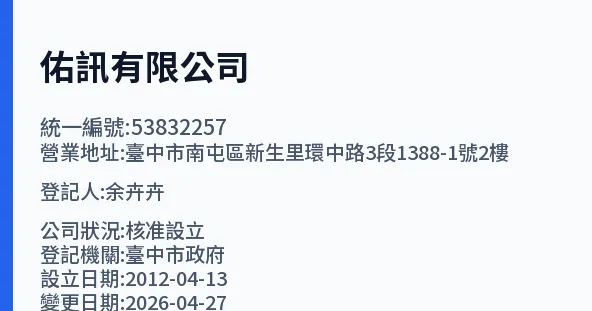 佑訊有限公司的照片-統編 53832257(臺中市) 公司登記資料與營業項目詳細圖表