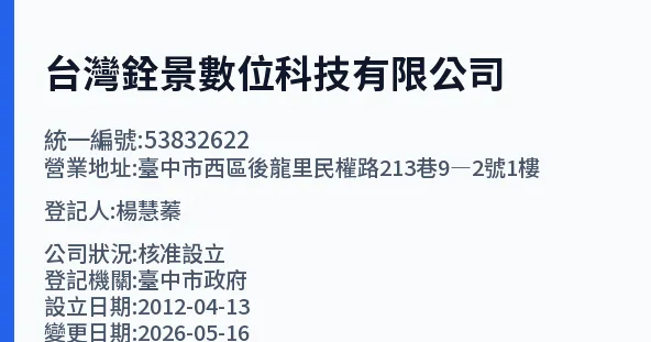 台灣銓景數位科技有限公司的照片-統編 53832622(臺中市) 公司登記資料與營業項目詳細圖表