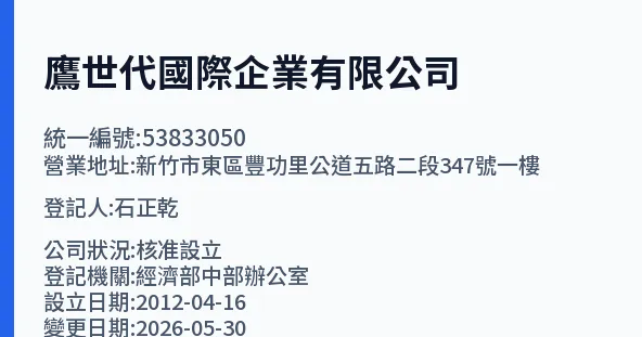 鷹世代國際企業有限公司的照片-統編 53833050(新竹市) 公司登記資料與營業項目詳細圖表