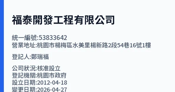 福泰開發工程有限公司的照片-統編 53833642(桃園市) 公司登記資料與營業項目詳細圖表
