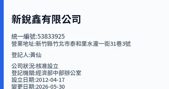新銳鑫有限公司的照片-統編 53833925(新竹縣) 公司登記資料與營業項目詳細圖表