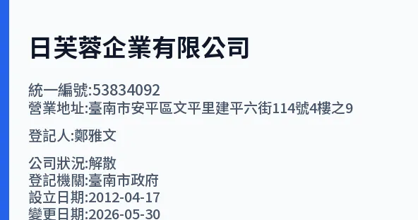 日芙蓉企業有限公司的照片-統編 53834092(臺南市) 公司登記資料與營業項目詳細圖表
