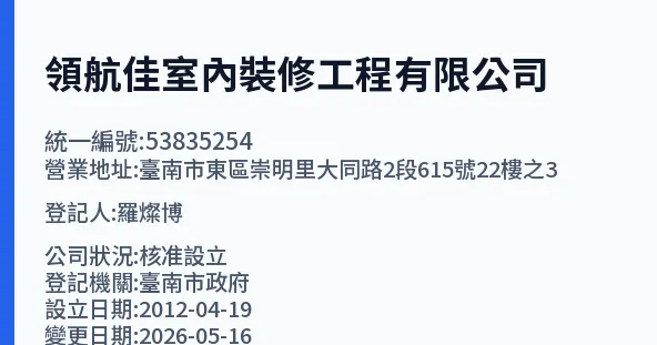 領航佳室內裝修工程有限公司的照片-統編 53835254(臺南市) 公司登記資料與營業項目詳細圖表