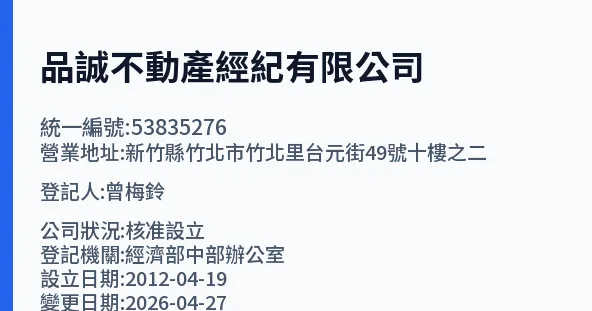 品誠不動產經紀有限公司的照片-統編 53835276(新竹縣) 公司登記資料與營業項目詳細圖表