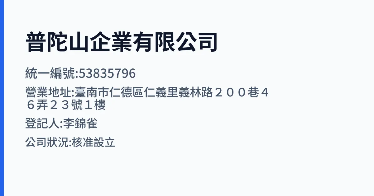 普陀山企業有限公司 - 統編 53835796(臺南市) 公司登記資料與營業項目詳細圖表