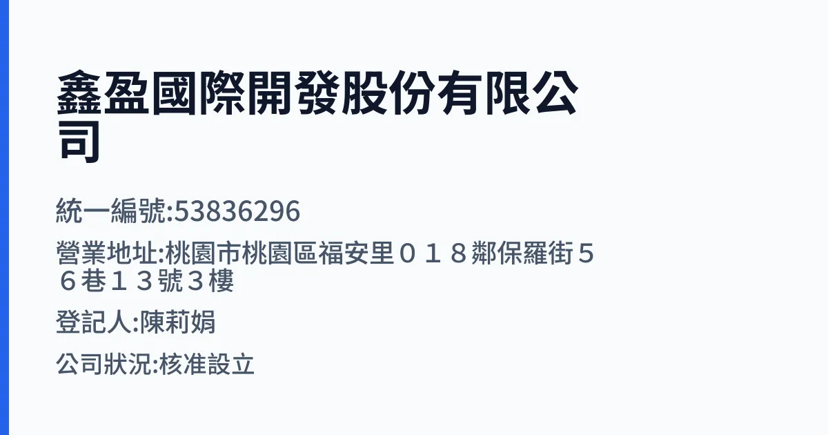 鑫盈國際開發股份有限公司 - 統編 53836296（桃園市） 公司登記資料與營業項目詳細圖表