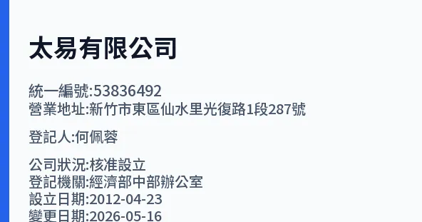 太易有限公司的照片-統編 53836492(新竹市) 公司登記資料與營業項目詳細圖表