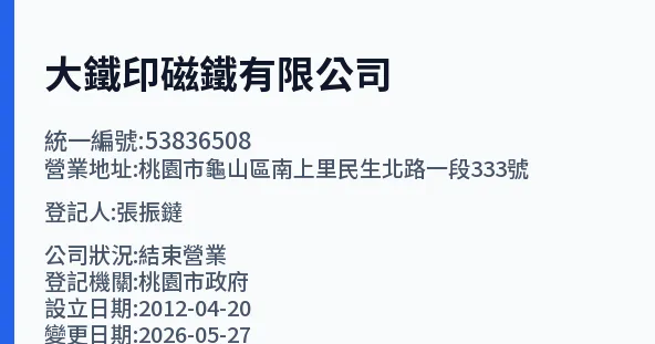 大鐵印磁鐵有限公司的照片-統編 53836508(桃園市) 公司登記資料與營業項目詳細圖表