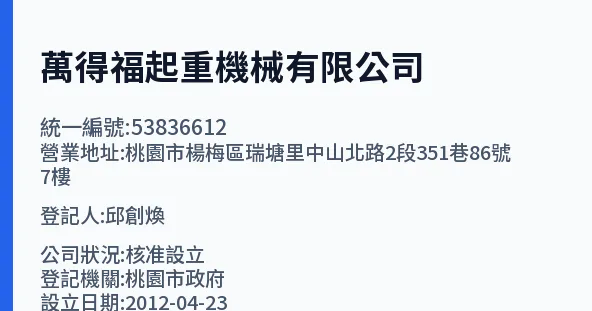 萬得福起重機械有限公司的照片-統編 53836612(桃園市) 公司登記資料與營業項目詳細圖表