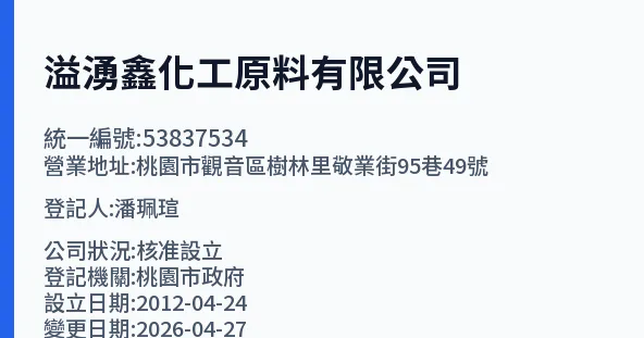溢湧鑫化工原料有限公司的照片-統編 53837534(桃園市) 公司登記資料與營業項目詳細圖表