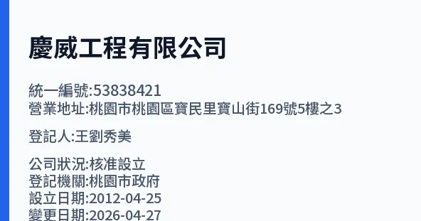 慶威工程有限公司的照片-統編 53838421(桃園市) 公司登記資料與營業項目詳細圖表