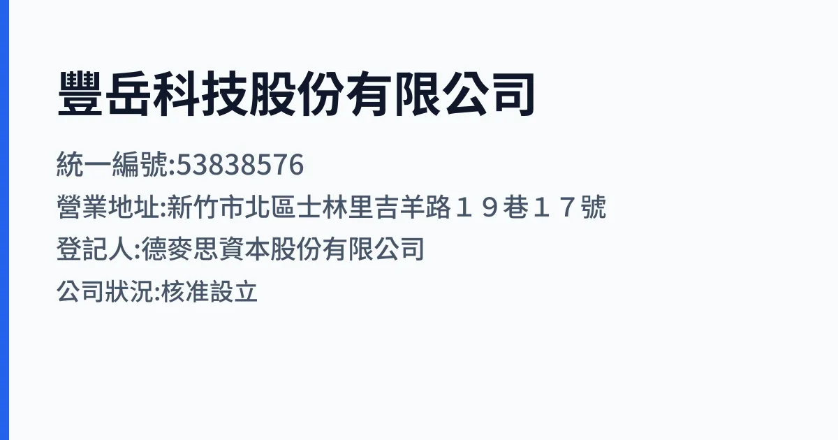 豐岳科技股份有限公司 - 統編 53838576(新竹市) 公司登記資料與營業項目詳細圖表